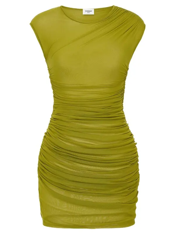 Saint Laurent Ruched Tulle Jersey Mini Dress - Mousse
