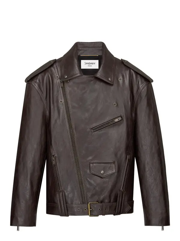 Saint Laurent Oversized Quilted Zip Biker Jacket In Smooth Leather - Brun Sepia