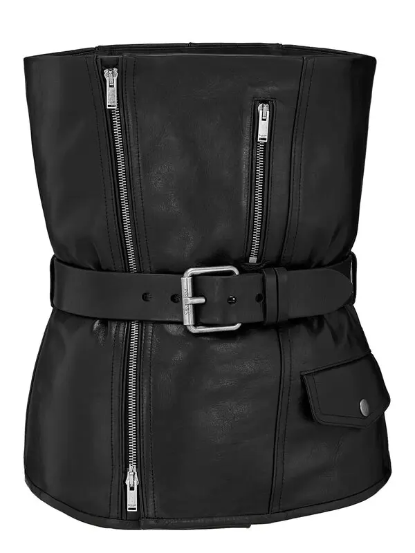 Saint Laurent Biker Bustier In Creased Leather - Black