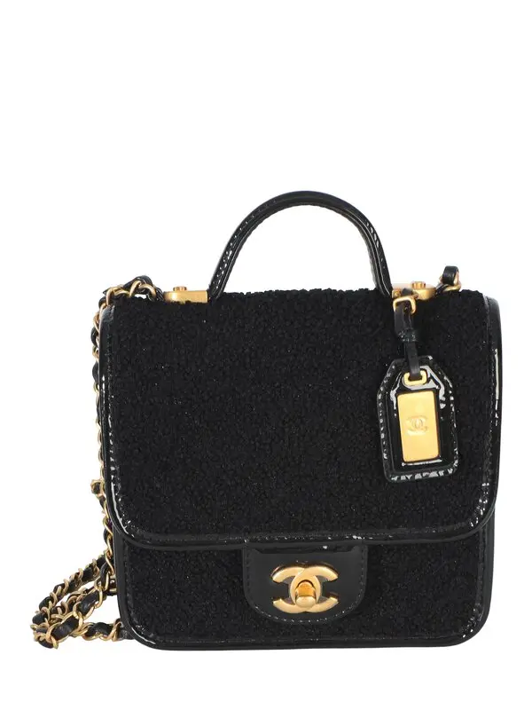 Chanel Tweed Patent Leather Top Handle Flap Bag - Black
