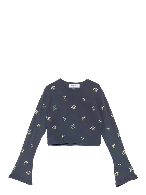BLUGIRL Floral Embroidered Ribbed Cropped Top - Blue