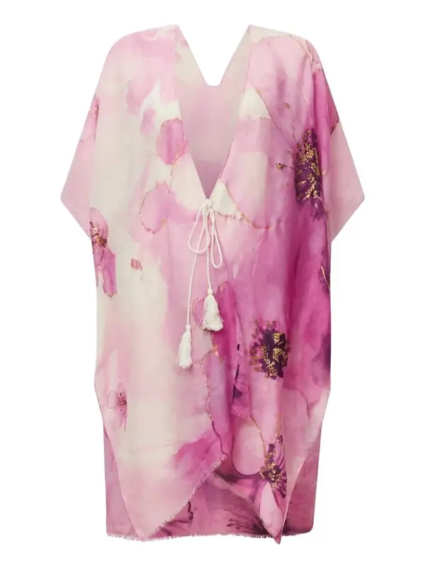 JAMES LAKELAND Watercolour Floral Kaftan With Tassel Tie - Pink