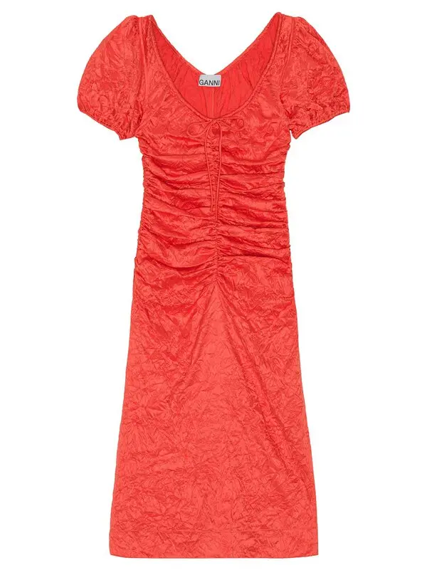 GANNI Crinkled Satin Midi Dress - Red