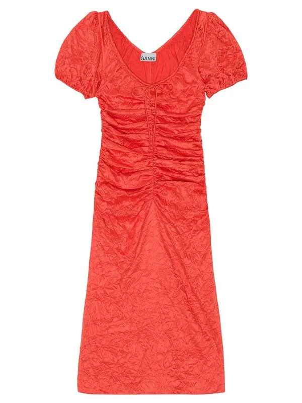 GANNI Crinkled Satin Midi Dress - Red