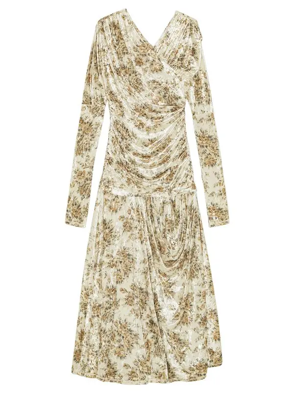 GANNI Golden Floral Ruched Asymmetrical Neckline Long Sleeve Dress - Beige