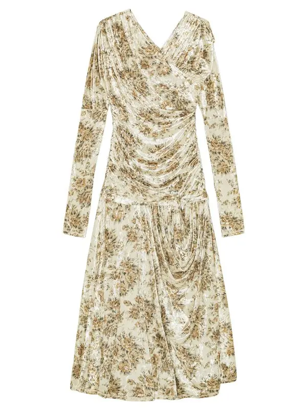 GANNI Golden Floral Ruched Asymmetrical Neckline Long Sleeve Dress - Beige