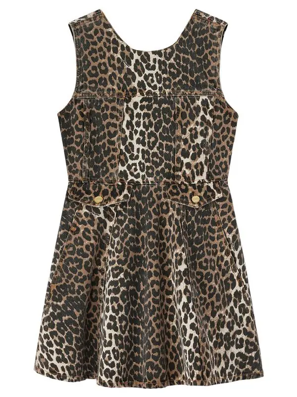 GANNI Leopard Print Denim Mini Dress - Brown