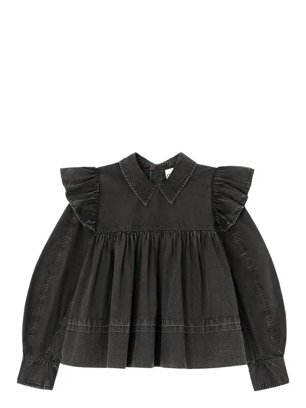 GANNI Washed Frill Blouse - Black