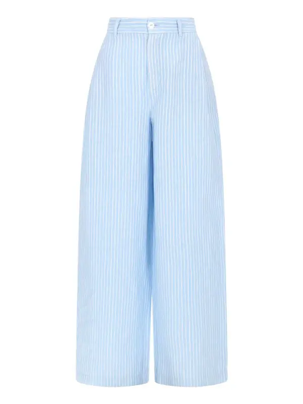 120% Lino Wide Leg Striped Trousers - Azure