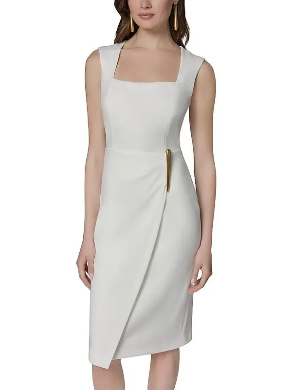 Donna Karan New York Square Neck Sheath Dress With Hardware Detail - Cream