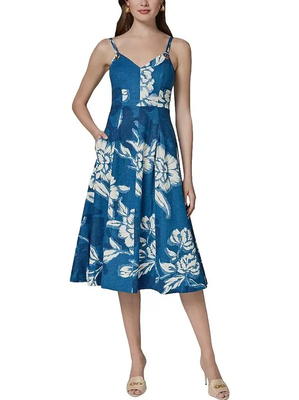 Donna Karan New York Printed Twin Strap Midi Dress - Blue