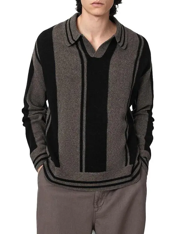 ALLSAINTS Taylor Stripe Block Long Sleeve Polo Shirt - Cinder Black