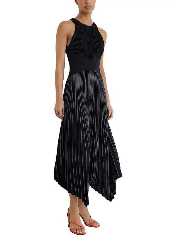REISS Pleated Stripe Detail Dress - Navy