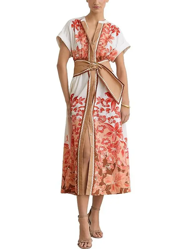 REISS Sawyer Belted Floral Print Midi Dress - Pink/ivory