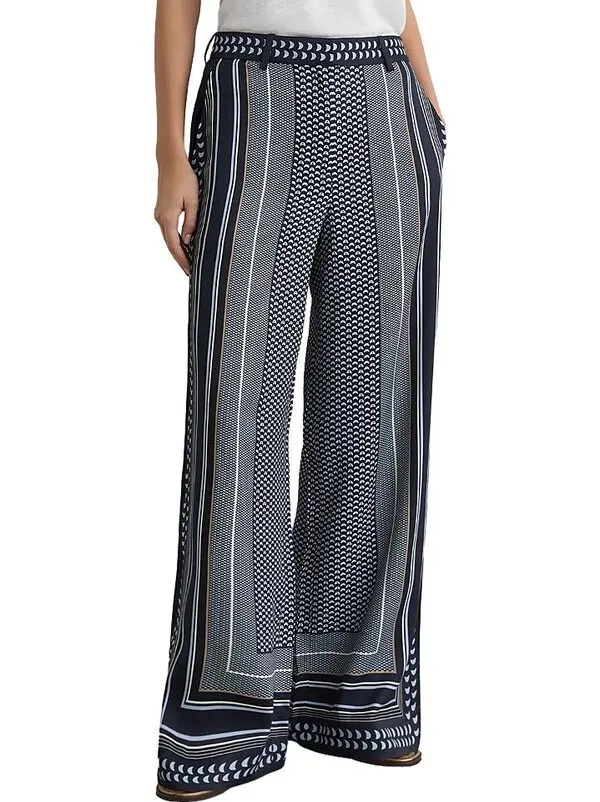 REISS Anna Wide Leg Printed Trousers - Navy