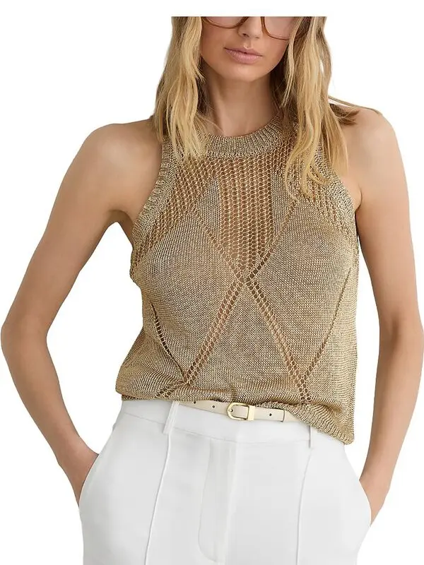 REISS Maia Metallic Knit Halter Top - Gold