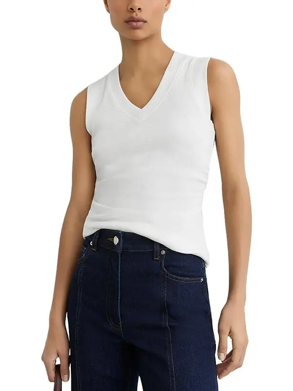 REISS Ruched V-neck Ribbed Knit Top - White