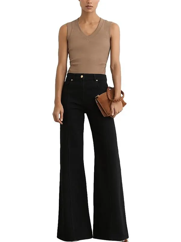 REISS Ruched V-neck Ribbed Top - Neutral