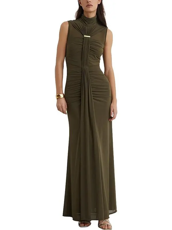 REISS Ruched Maxi Dress - Khaki Green