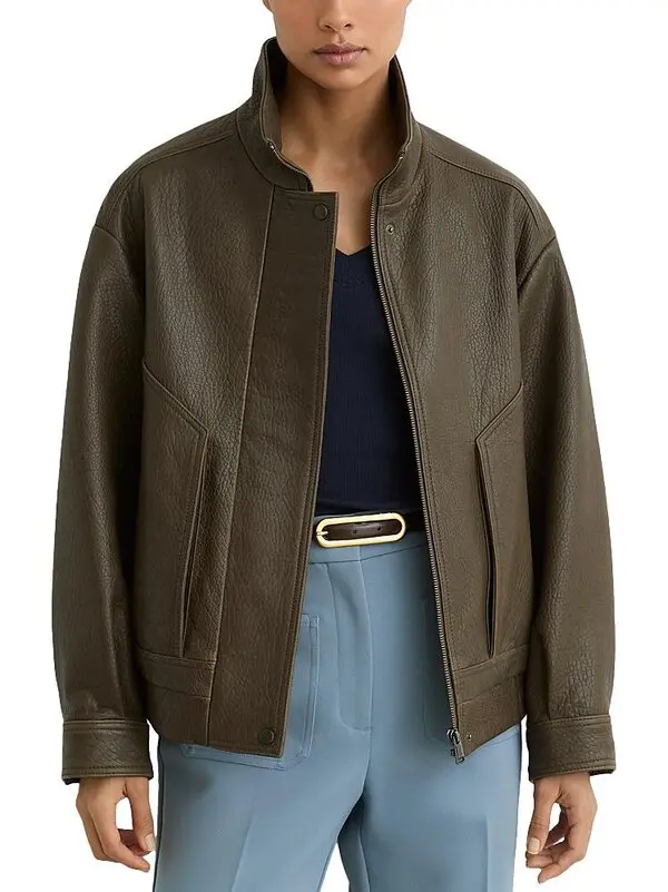 REISS Kiara Leather Jacket - Khaki Green