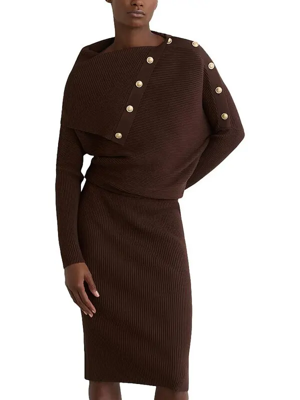 REISS Leana Draped Knit Bodycon Dress - Chocolate
