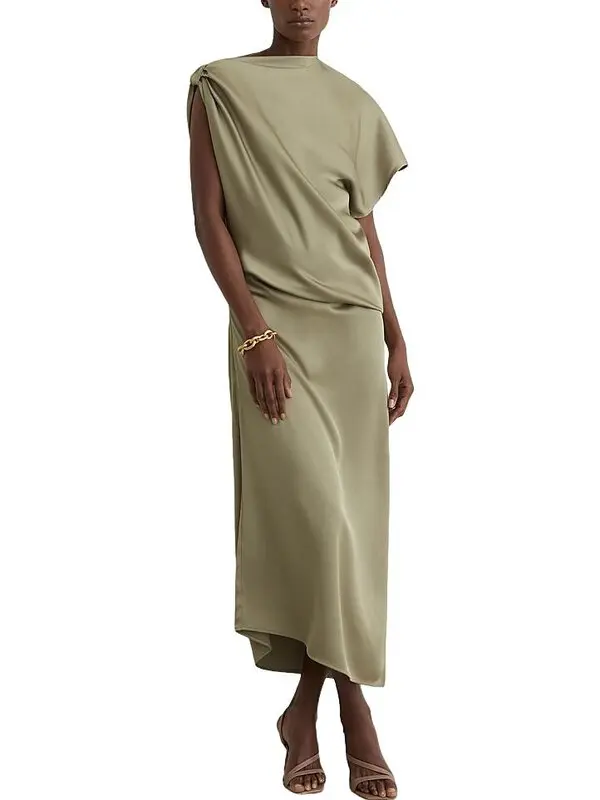 REISS Kenzie Asymmetric Knotted Midi Dress - Khaki Green