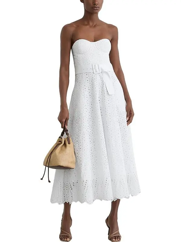 REISS Anya Strapless Broderie Anglaise Midi Dress - White