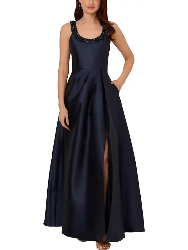 Adrianna Papell Beaded Neckline Mikado Gown - Midnight