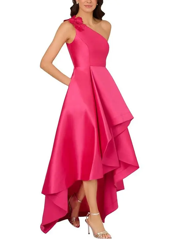 Adrianna Papell Mikado Gown With High-low Hem - Electric Pink