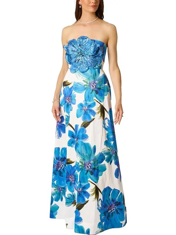 Adrianna Papell Embellished Floral Print Strapless Gown - Ivory/blue Mulit