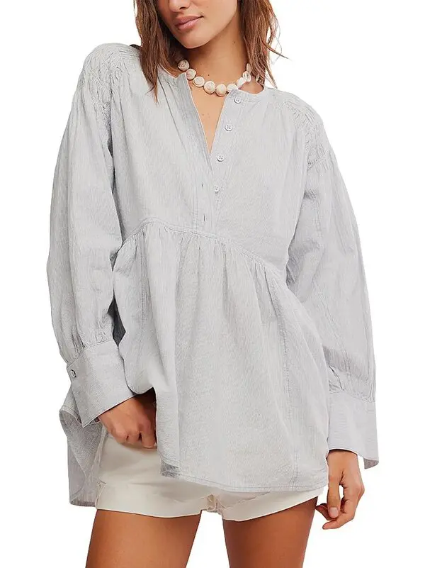 Free People Alana Button Front Tunic - Blue And White