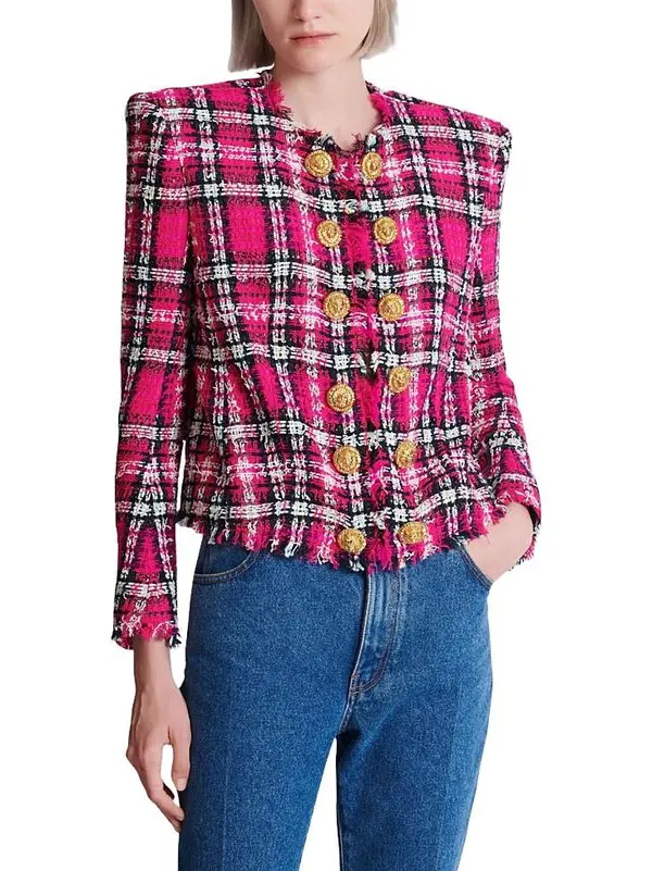 Balmain Cropped Glitter Plaid Tweed Jacket - Pink