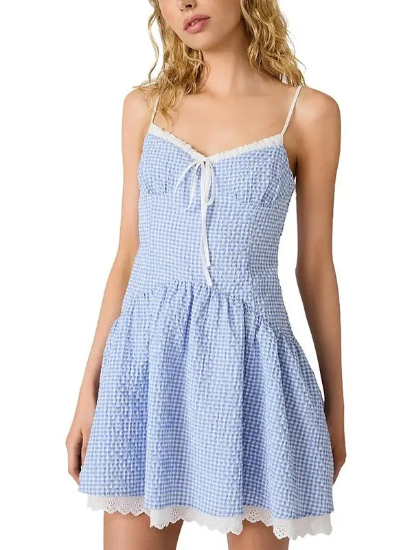 Steve Madden Miette Gingham Check Dress With Lace Trim - Pale Blu Check
