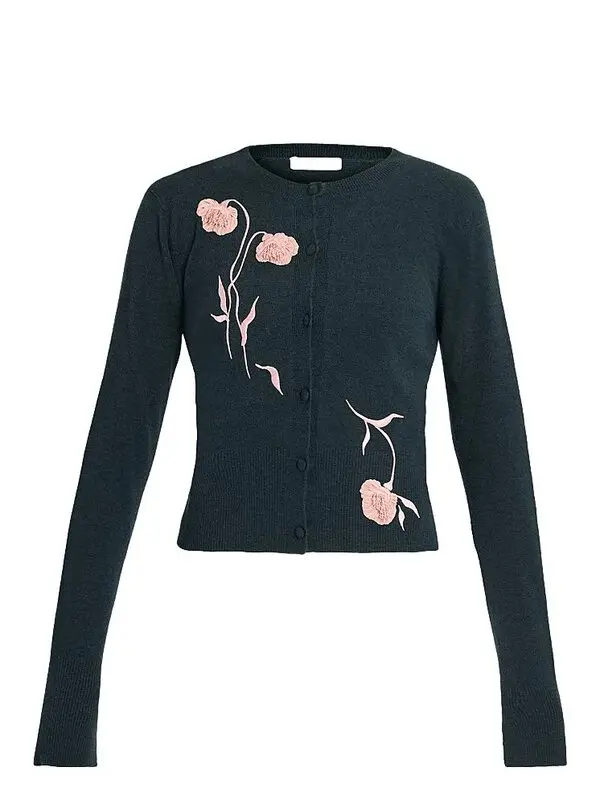 Erdem Fitted Cardigan Sweater With Embroidered Floral Detail - Forest Green