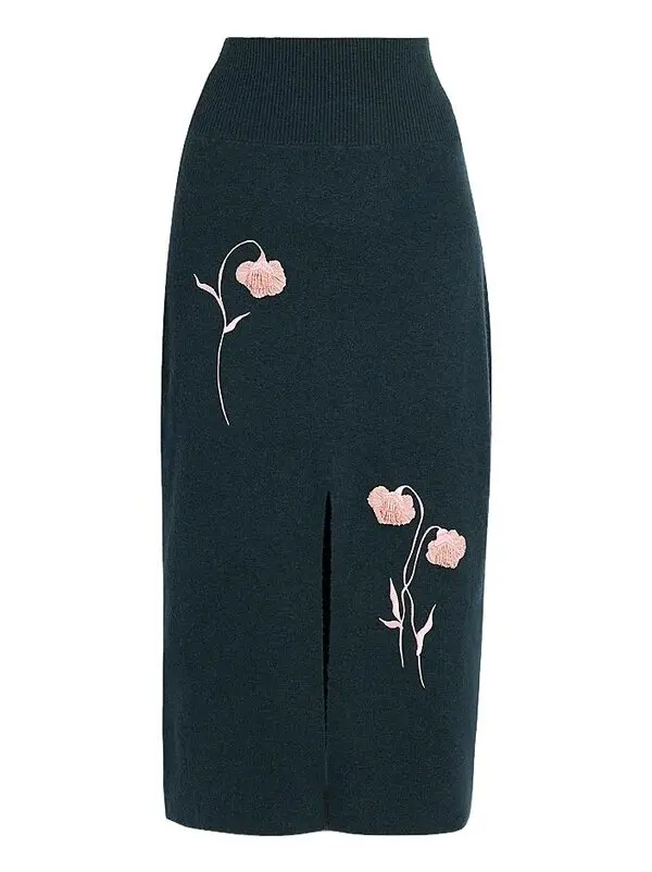 Erdem Embroidered Midi Pencil Skirt - Forest Green