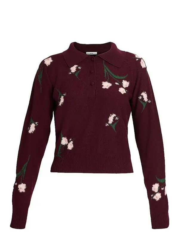 Erdem Floral Knit Wool Collared Pullover - Bordeaux