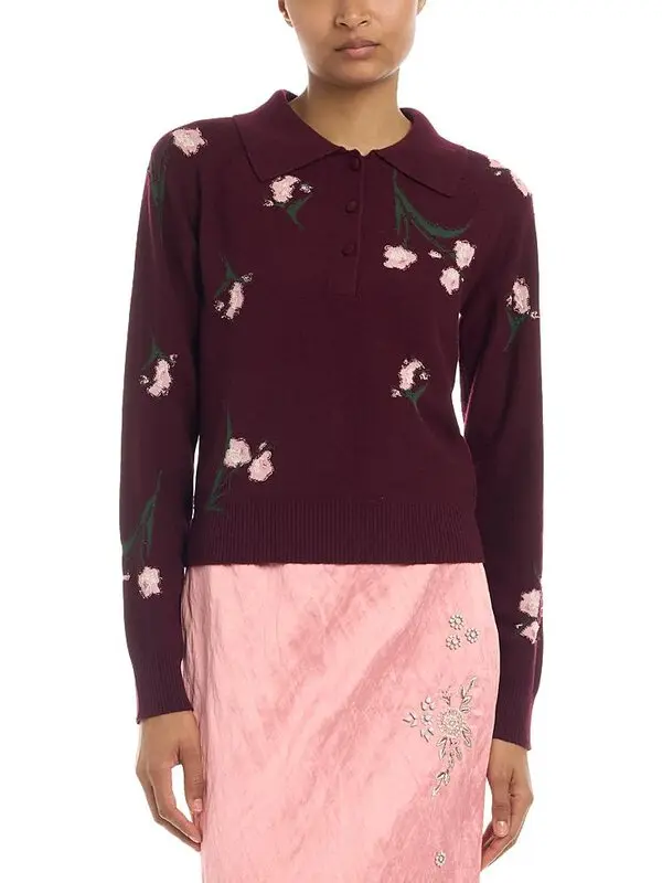 Erdem Floral Knit Wool Collared Pullover - Bordeaux