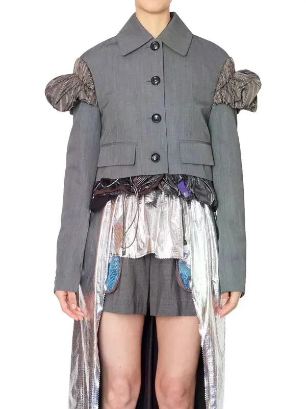 Kolor Cropped Jacket With Ruffled Striped Sleeves - Grey