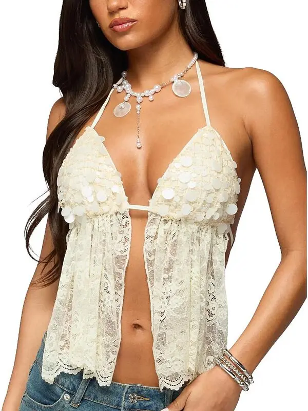 EDIKTED Sequin Lace Halter Top - Cream