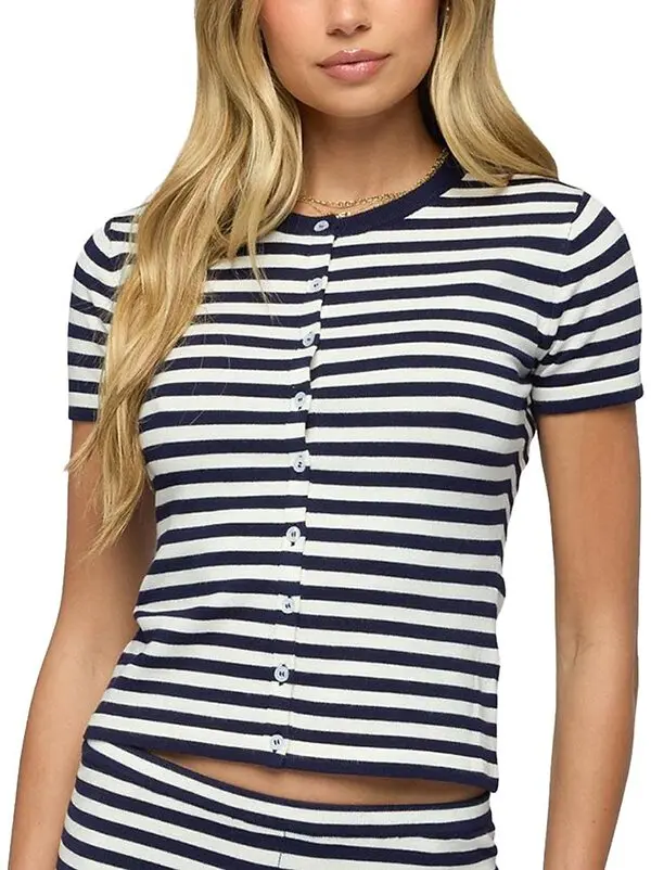 EDIKTED Irena Striped Button-up Knit Top - Navy-and-cream
