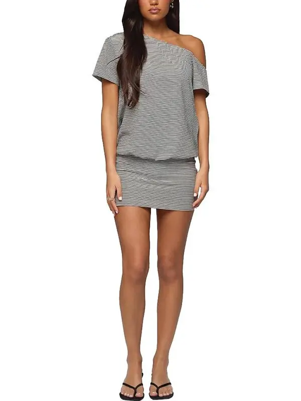 EDIKTED Striped Off Shoulder Mini Dress - Black-and-white