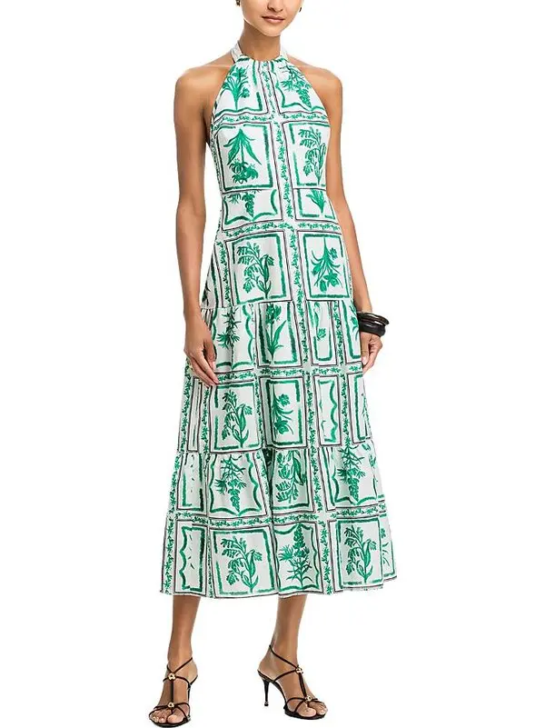 MILLY Floral Tile Linen Halter Dress - Green/white