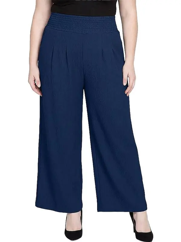 STANDARDS & PRACTICES Plus High Rise Smocked Waist Wide Leg Palazzo Pants - Navy