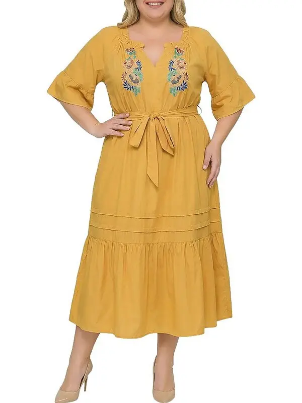 STANDARDS & PRACTICES Boho Embroidered Midi Dress With Tie Waist - Mustard