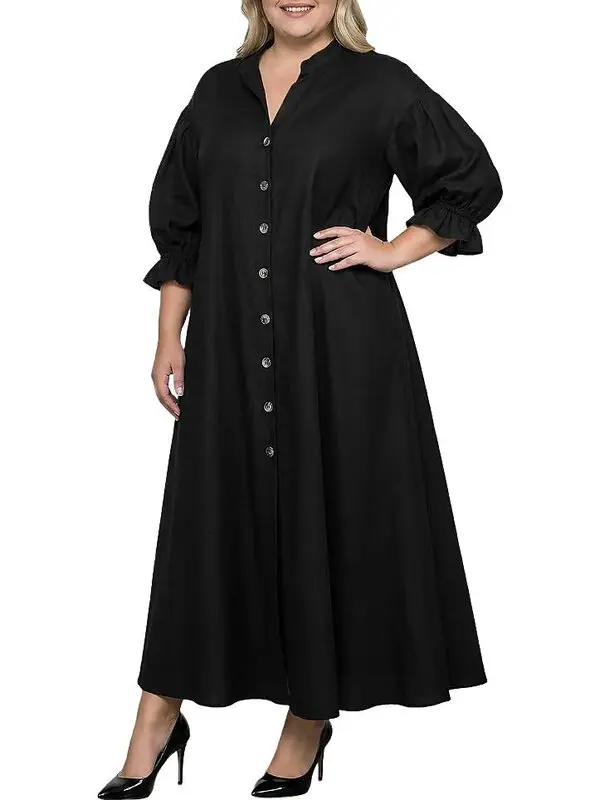 STANDARDS & PRACTICES Plus Button Front Puff Sleeve Maxi Shirt Dress - Black