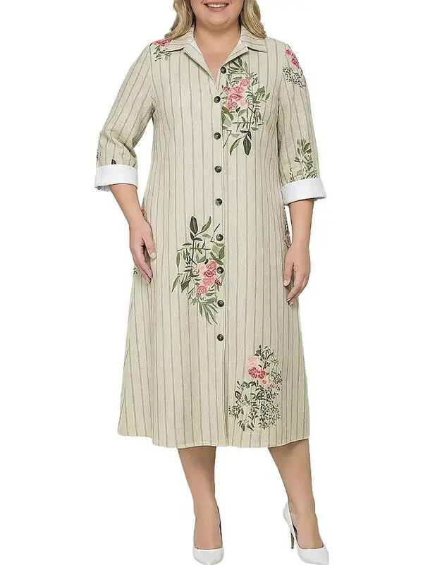 STANDARDS & PRACTICES Striped Floral Button-down Midi Shirt Dress - Beige Flroal