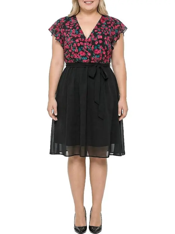 STANDARDS & PRACTICES Plus Floral Wrap Dress With Flutter Sleeves - Black Floral