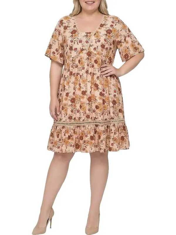STANDARDS & PRACTICES Plus Floral Crochet Trim Flutter Sleeve Dress - Multi Floral