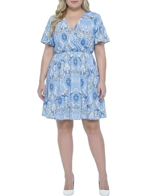 STANDARDS & PRACTICES Plus Floral Surplice Neck Flutter Sleeve Dress - Blue Floral