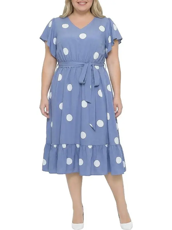 STANDARDS & PRACTICES Plus Polka Dot Belted Flutter Sleeve Dress - Blue